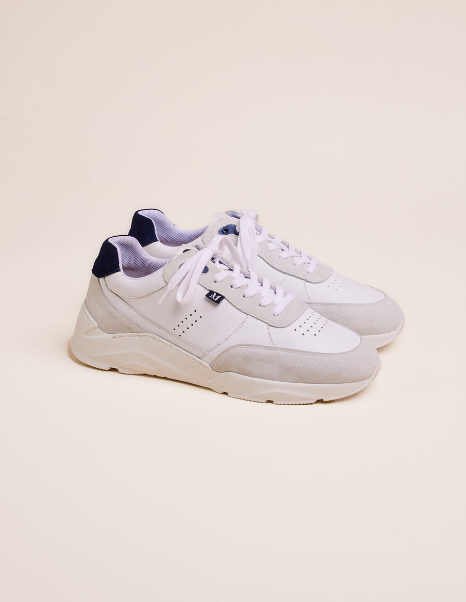 Men's low-top trainers: white and blue leather and suede - Stanislas